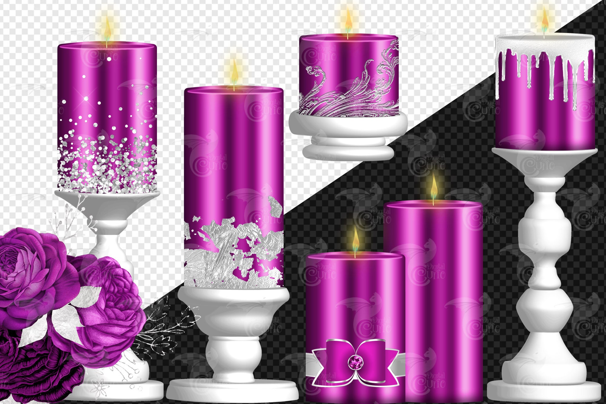 Magenta and Silver Candles Clip Art - Digital Candle Graphics Instant ...