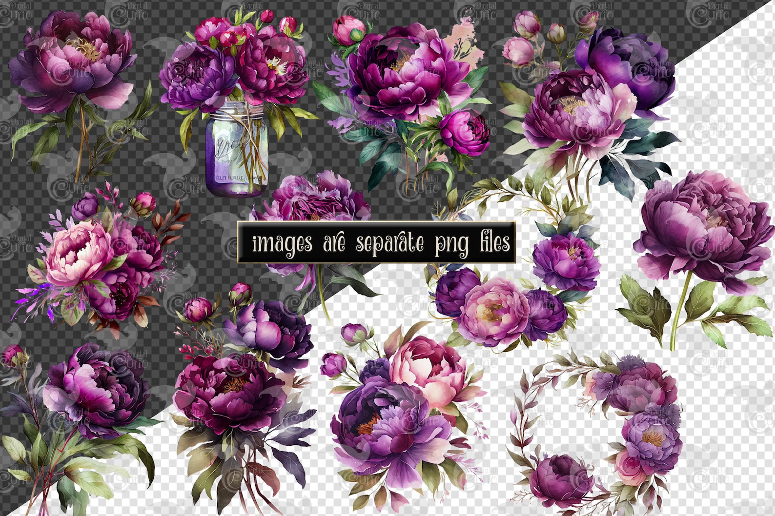 Watercolor Purple Peony Clipart - Peonies in PNG Format Instant ...