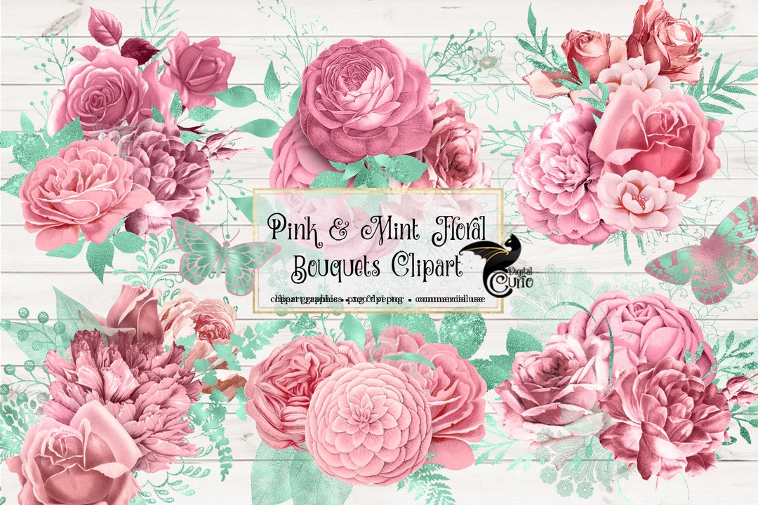 Pink and Mint Floral Clip Art, Digital Instant Download Painted ...