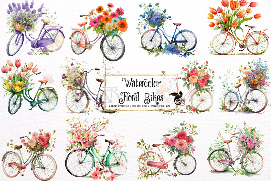 Watercolor Floral Bicycle Clipart - Spring Flowers Watercolor PNG ...