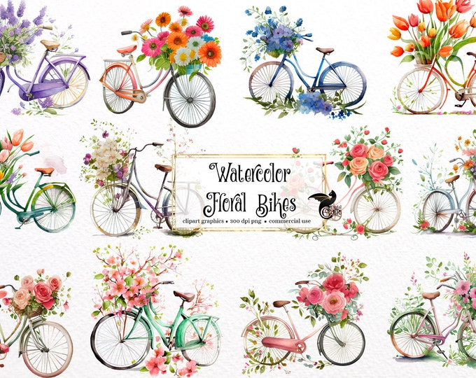 Watercolor Floral Bicycle Clipart Bundle - 10 High Quality JPG ...