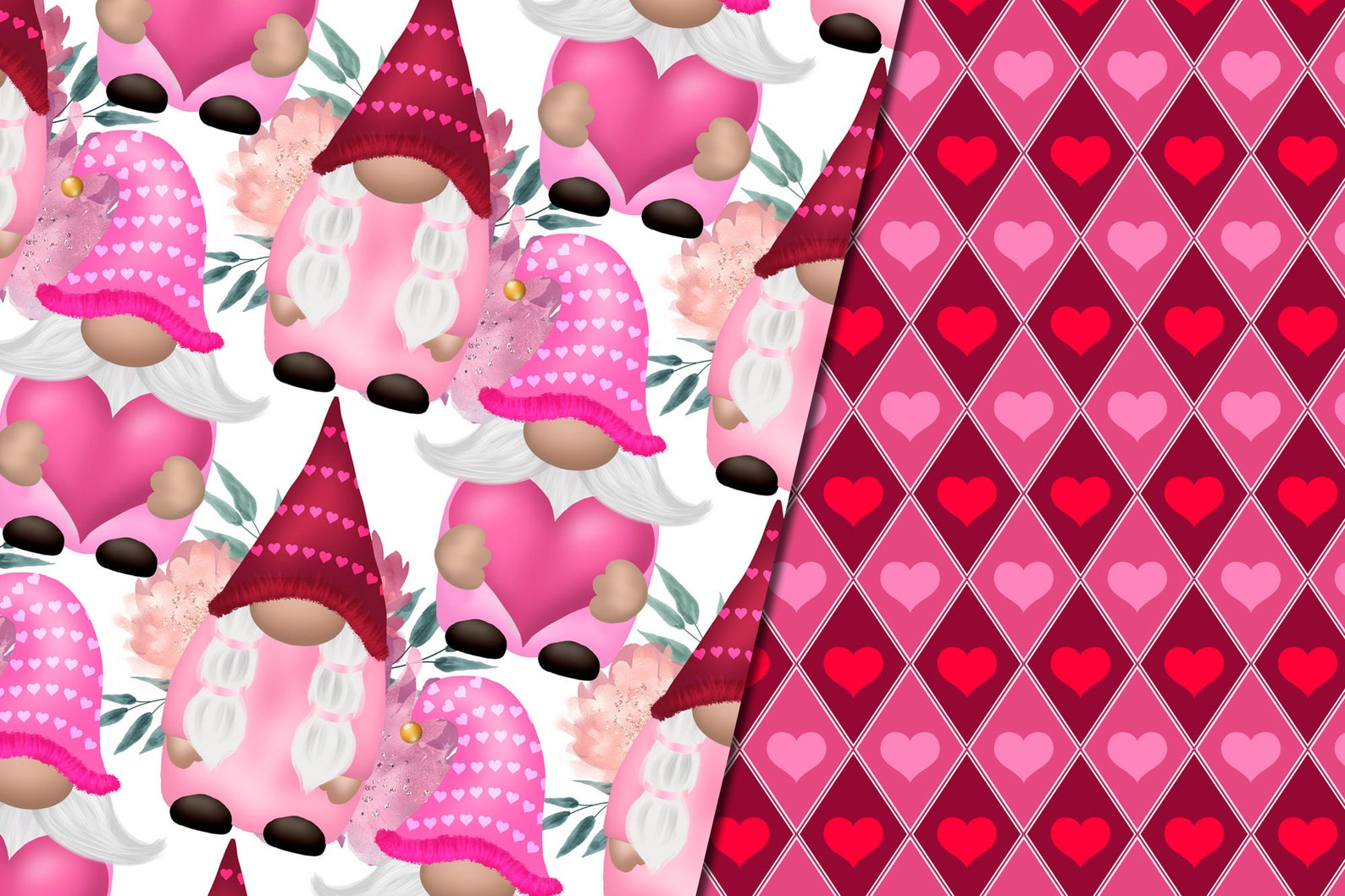 Valentine Gnome Digital Paper Seamless Heart Patterns With | Etsy