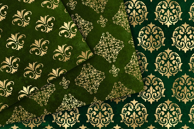 Green and Gold Damask Digital Paper Seamless Damask Patterns | Etsy