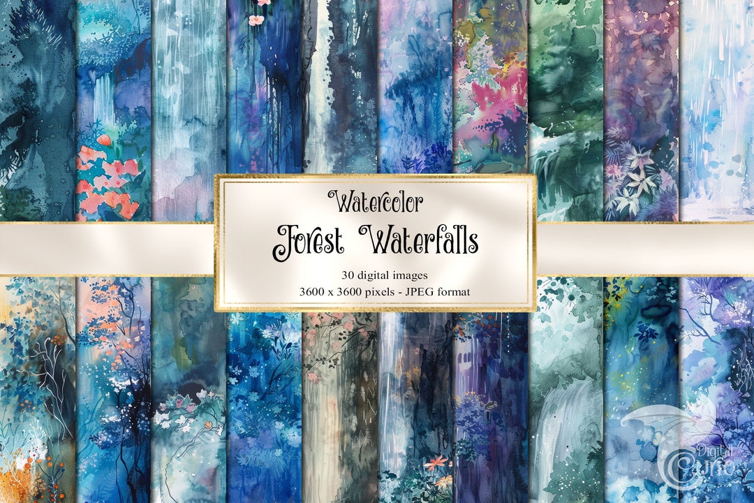Watercolor Forest Waterfall Backgrounds, Watercolour Wash Digital Paper ...