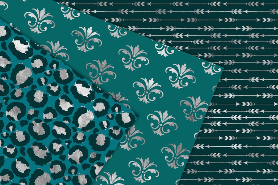 Teal and Silver Foil Digital Paper, Turquoise Scrapbook Backgrounds ...