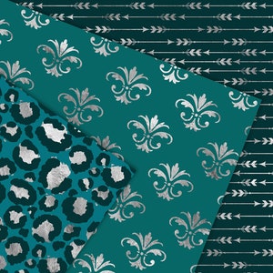 Teal and Silver Foil Digital Paper, Turquoise Scrapbook Backgrounds ...