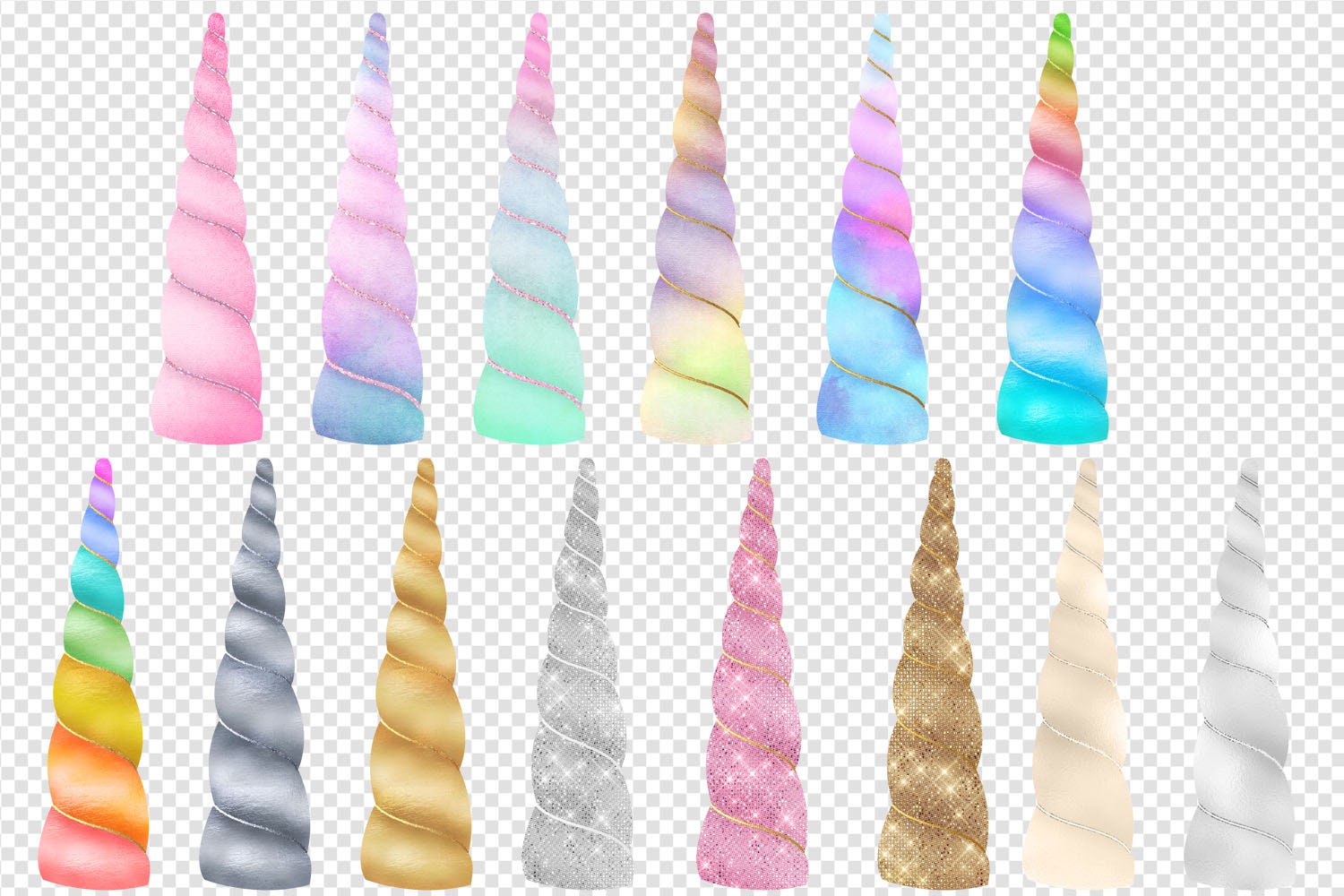 Watercolor Unicorn Horns Clipart, Rainbow Glitter Graphics (digital ...