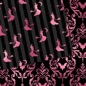 Black and Hot Pink Halloween Digital Paper, Seamless Witch and Skull ...