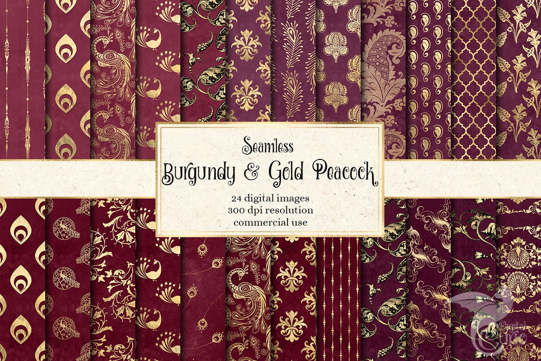Burgundy and Gold Peacock Digital Paper, Seamless Gold Peacock Patterns ...