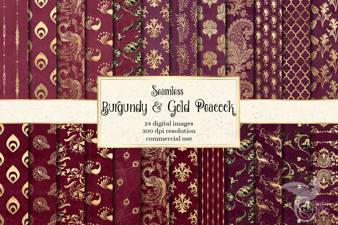 Burgundy and Gold Peacock Digital Paper Seamless Gold Peacock - Etsy