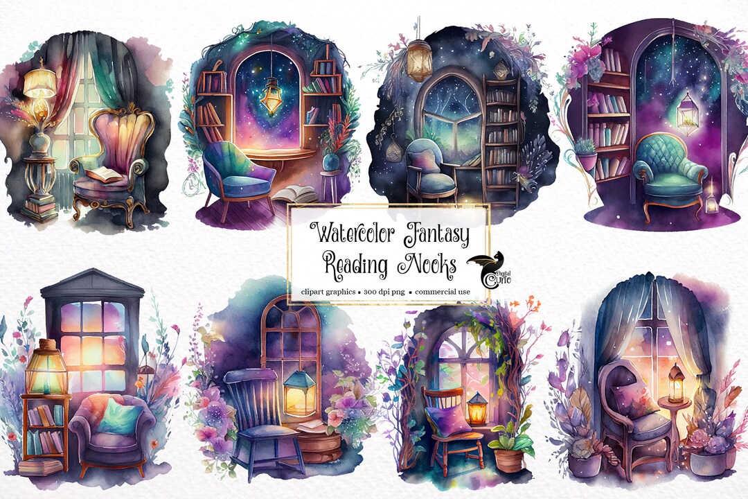 Watercolor Fantasy Reading Nooks Clipart - Galaxy Book Nooks, Home ...