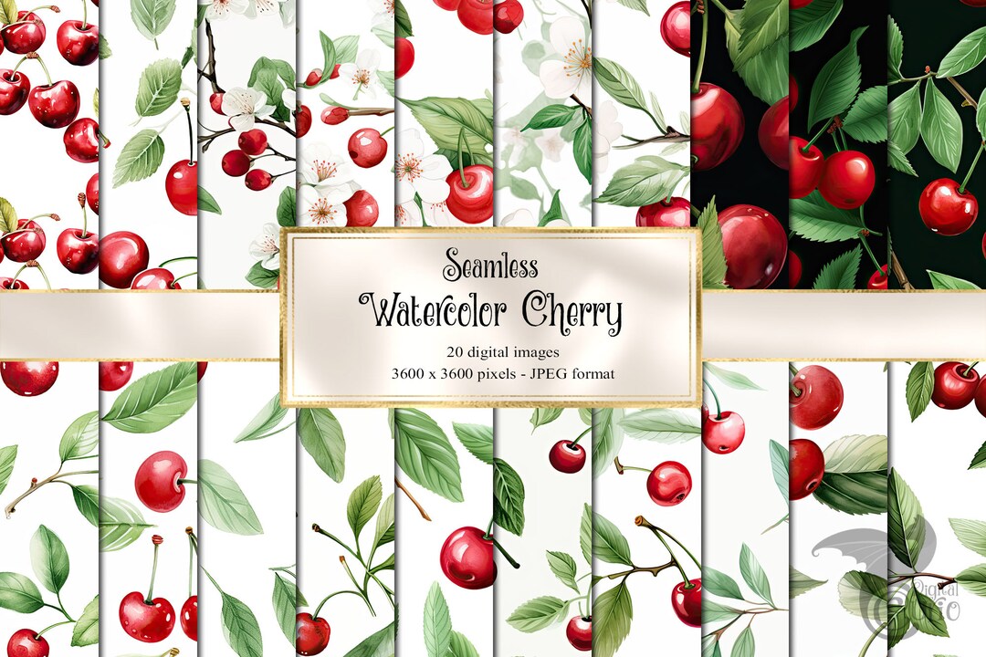 Watercolor Cherry Digital Paper, Seamless Fruit Printable Textures ...