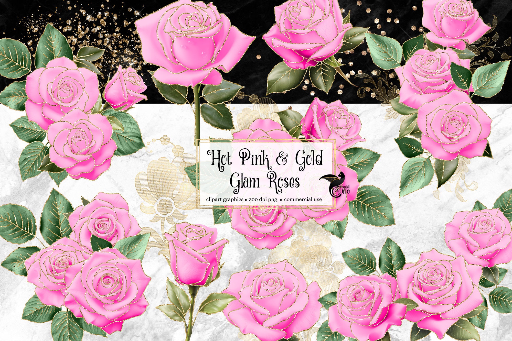 Hot Pink and Gold Rose Clip Art, Glitter Flower PNG (digital Download ...