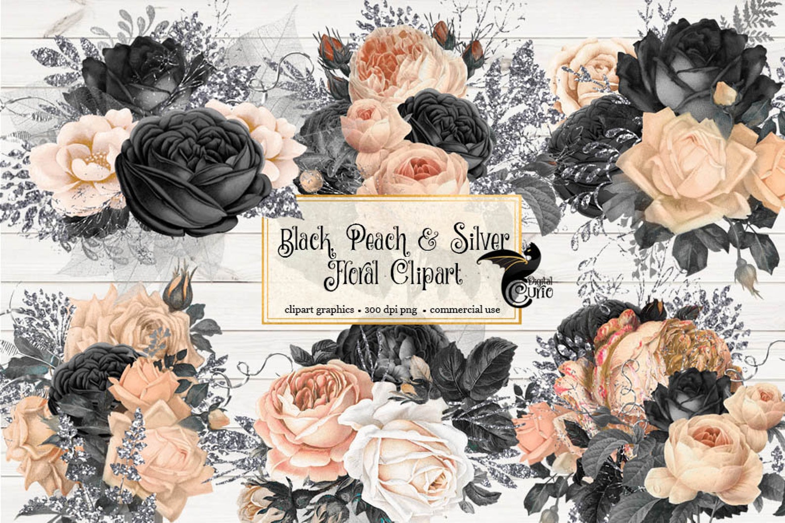 Black Peach and Silver Floral Clipart Vintage Flower Clip Art - Etsy