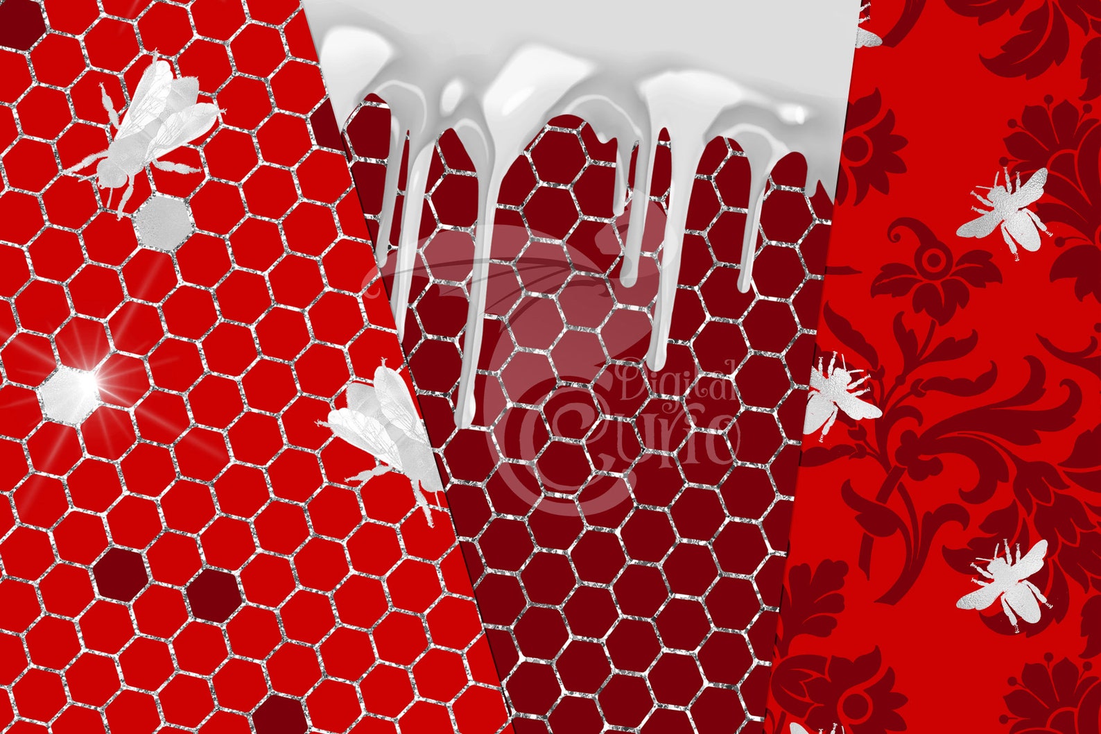 Red and Silver Honey Bee Digital Paper Seamless Patterns | Etsy