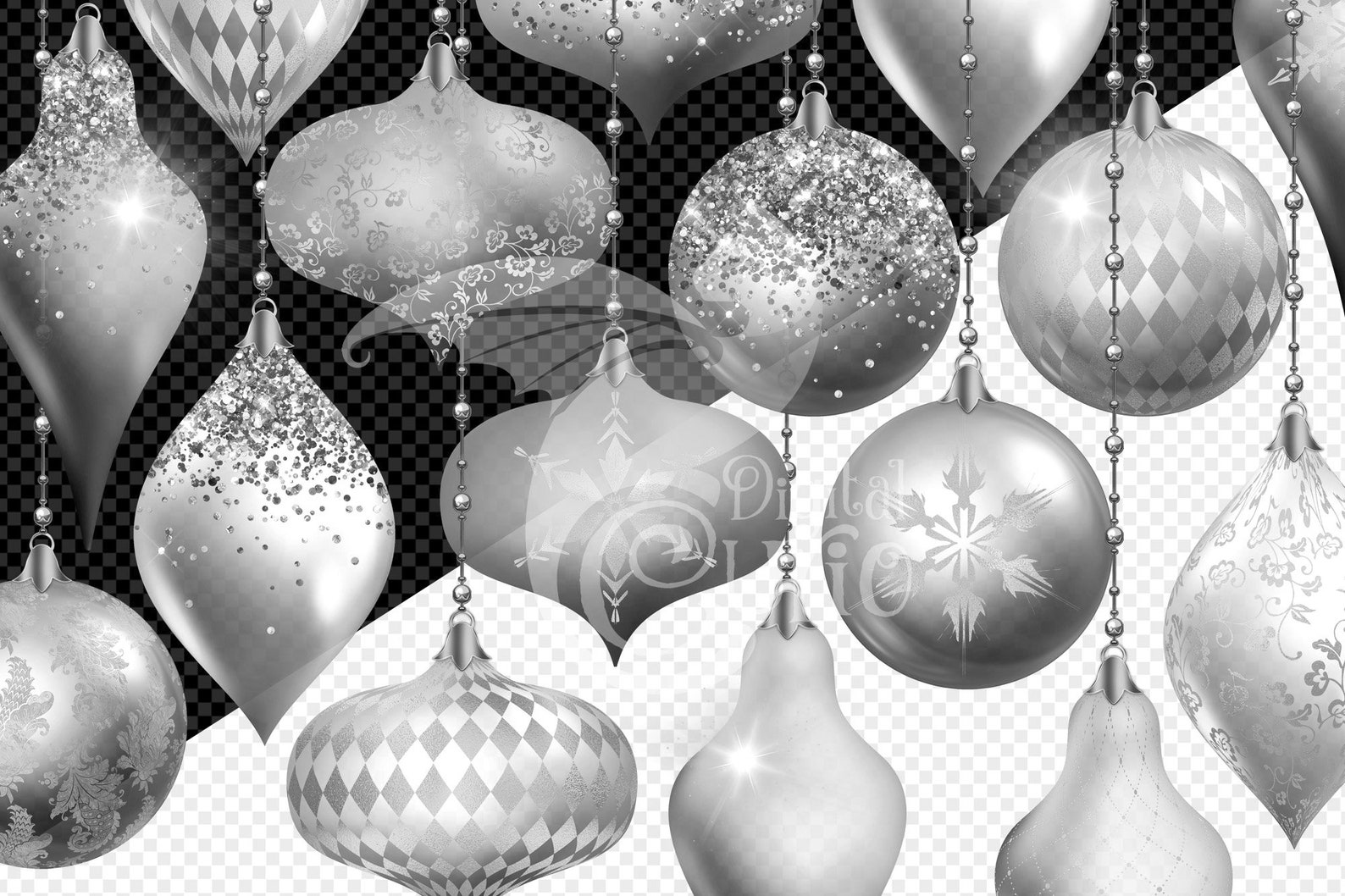 Silver Christmas Ornaments Clipart Digital Glitter Christmas | Etsy