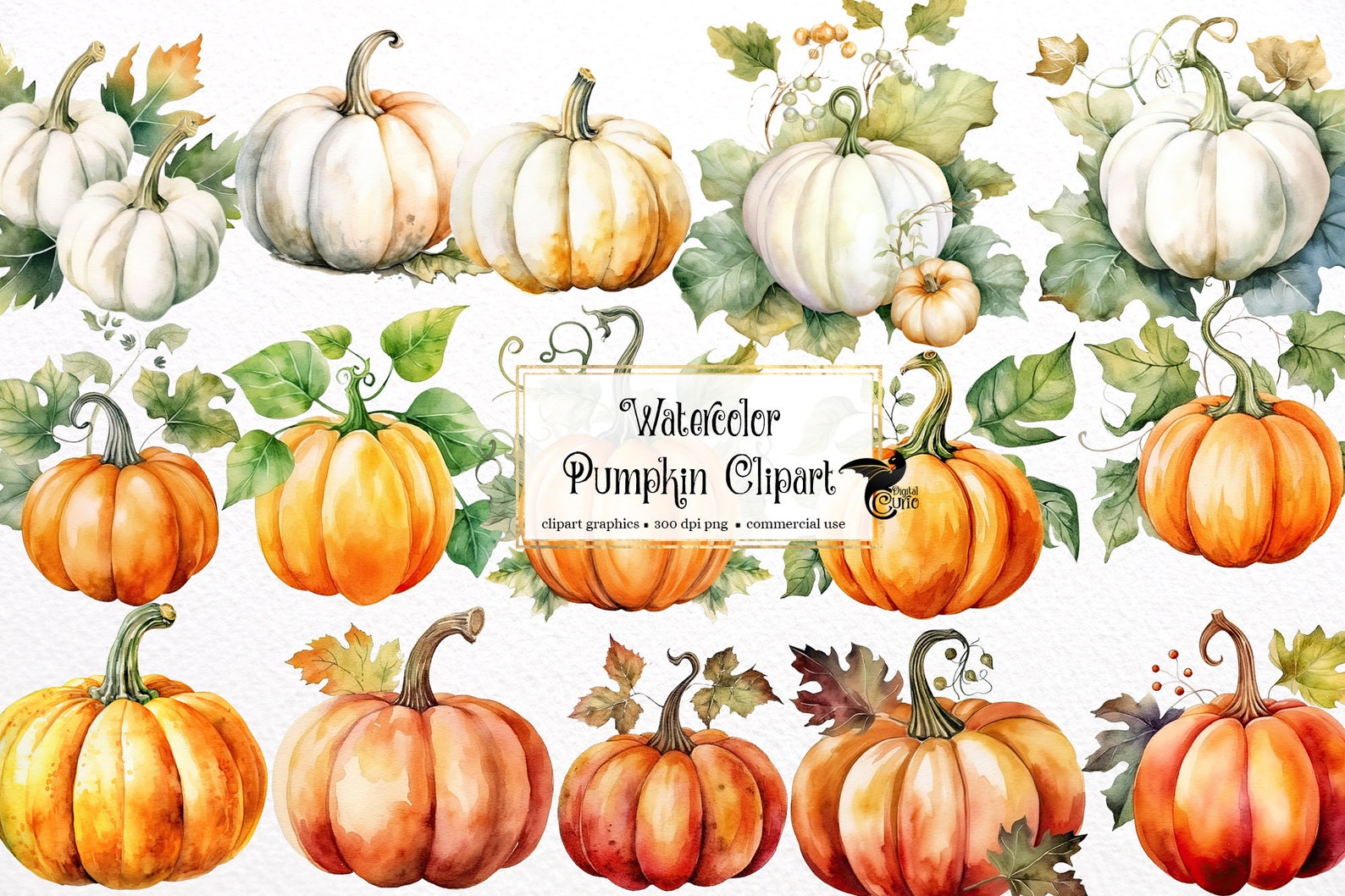 Watercolor Pumpkin Clipart Autumn Watercolor in PNG Format Instant ...