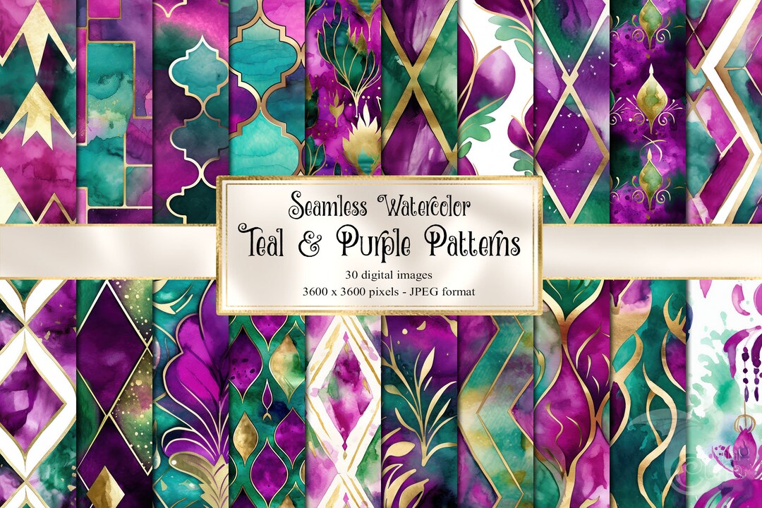 Watercolor Teal and Purple Patterns - Seamless Printable Digital ...