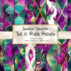Watercolor Teal and Purple Patterns - Seamless Printable Digital ...