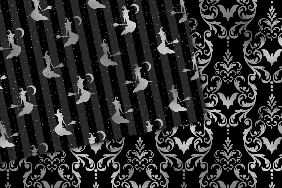 Black and Silver Halloween Digital Paper, Gothic Witch, Skull Patterns ...