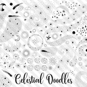 Celestial Doodles Clipart, Digital Hand Drawn Sketched Moon and Stars, Night Sky Galaxy Doodle ...