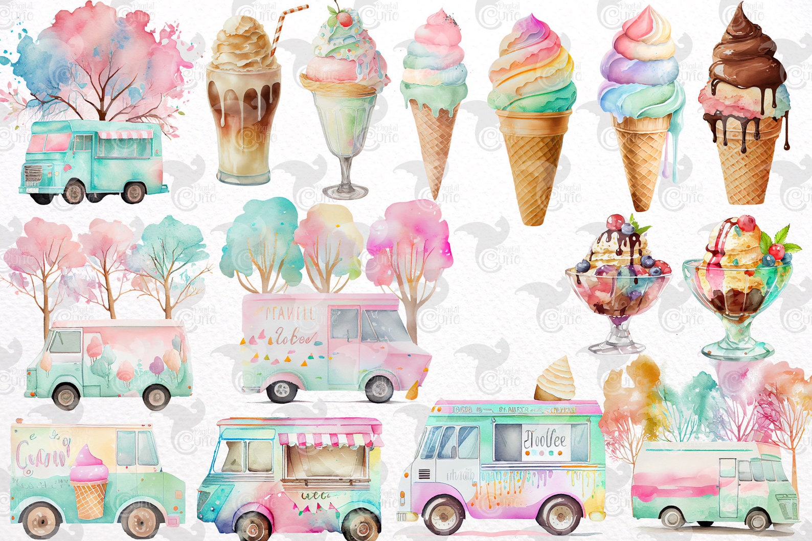 Watercolor Ice Cream Clipart, Cones, Sundaes (PNG, Digital Download) - Etsy