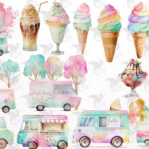 Watercolor Ice Cream Clipart, Cones and Sundaes, Ice Cream Truck Clip ...