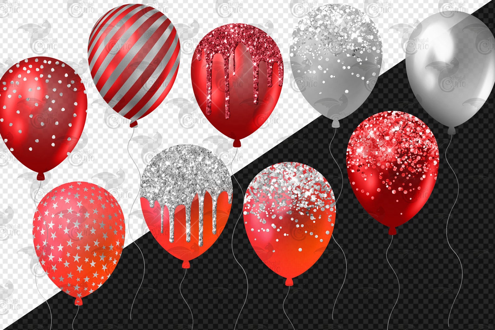 Red and Silver Balloons Clipart, Glitter Balloon Png Digital Overlays ...