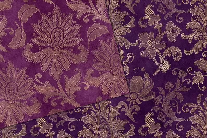 Purple Floral Velvet Digital Paper Seamless Gold Damask - Etsy