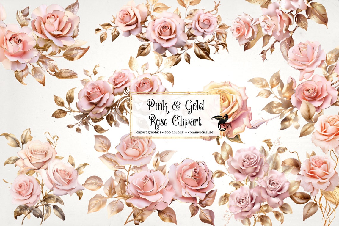 Pink and Gold Rose Clipart – Floral Bouquet PNG Graphics (digital ...