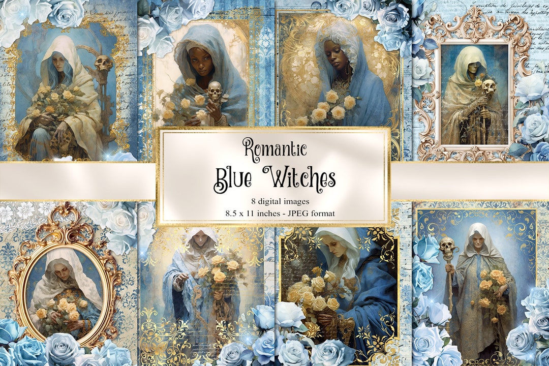 Romantic Blue Witches Journal Paper, Notebook Digital Paper Rococo Junk ...