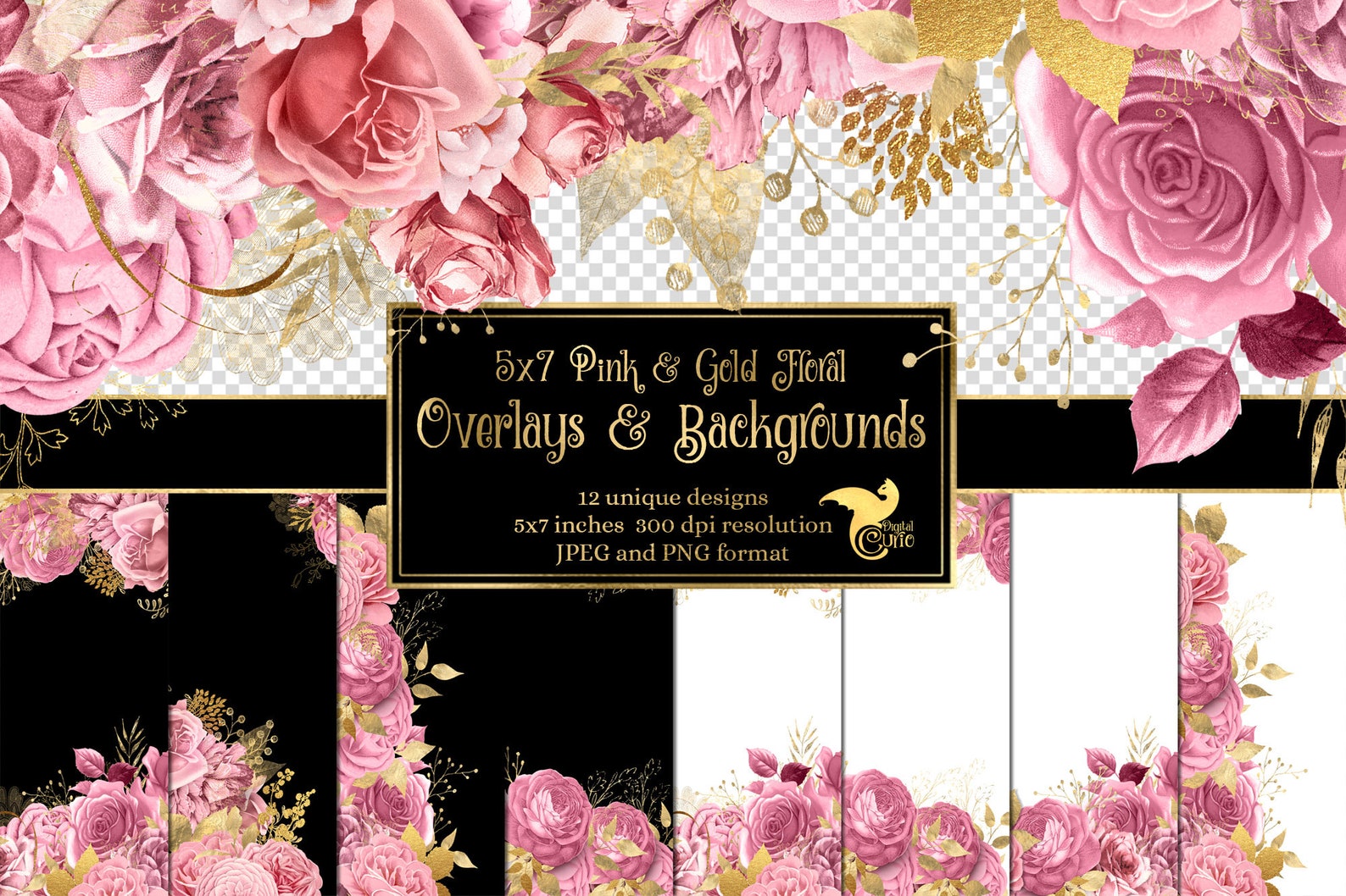 5x7 Pink and Gold Floral Overlays for Invitations Planners - Etsy