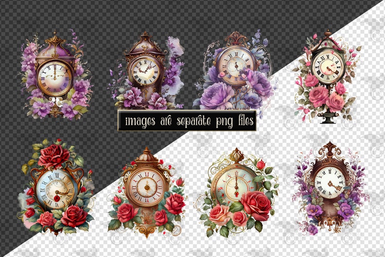 Watercolor Floral Clocks Clipart – Rustic Cottagecore PNG (digital ...