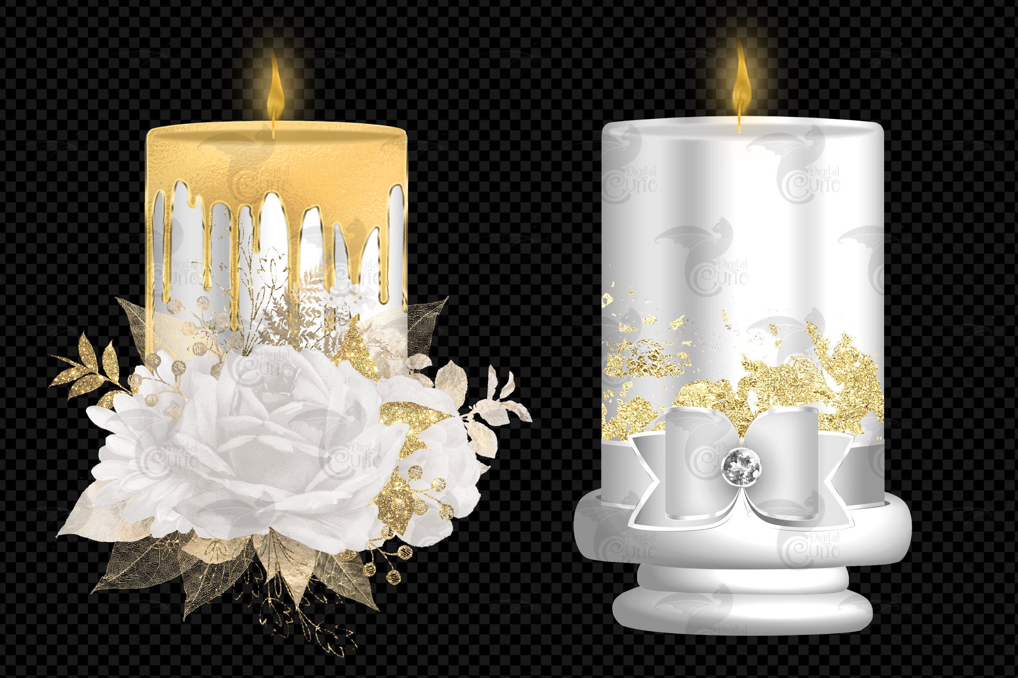 White and Gold Candle Clipart – Glitter and Foil Graphics (digital ...