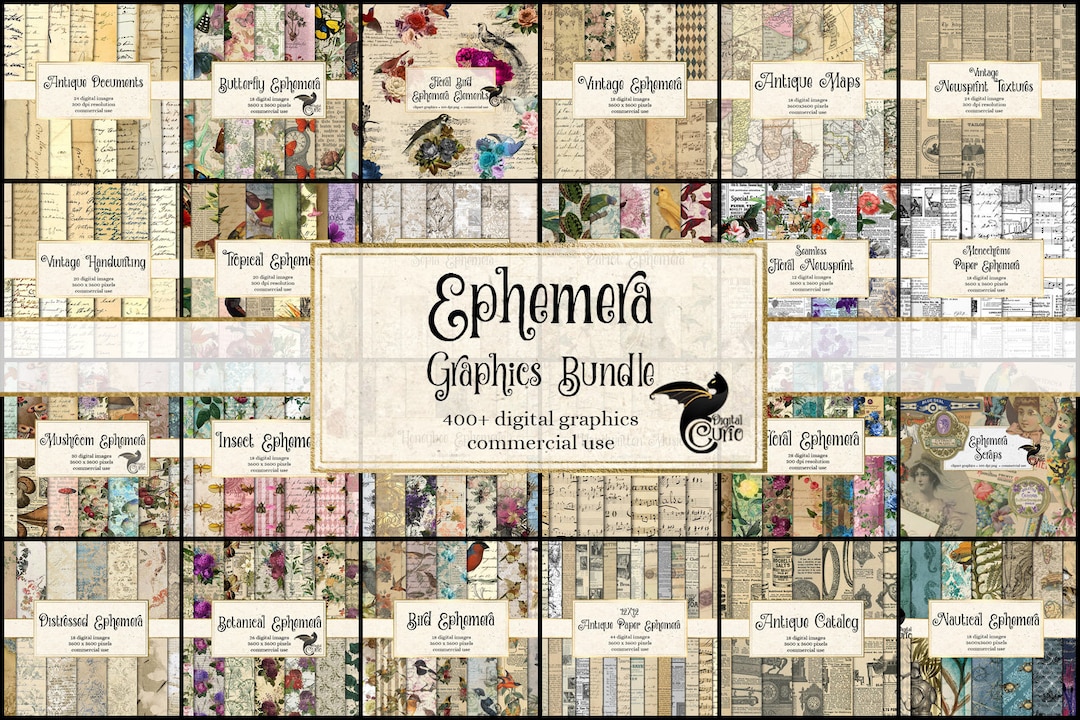 400+ Vintage Ephemera Graphics Bundle, Digital Scrapbook Paper (digital ...