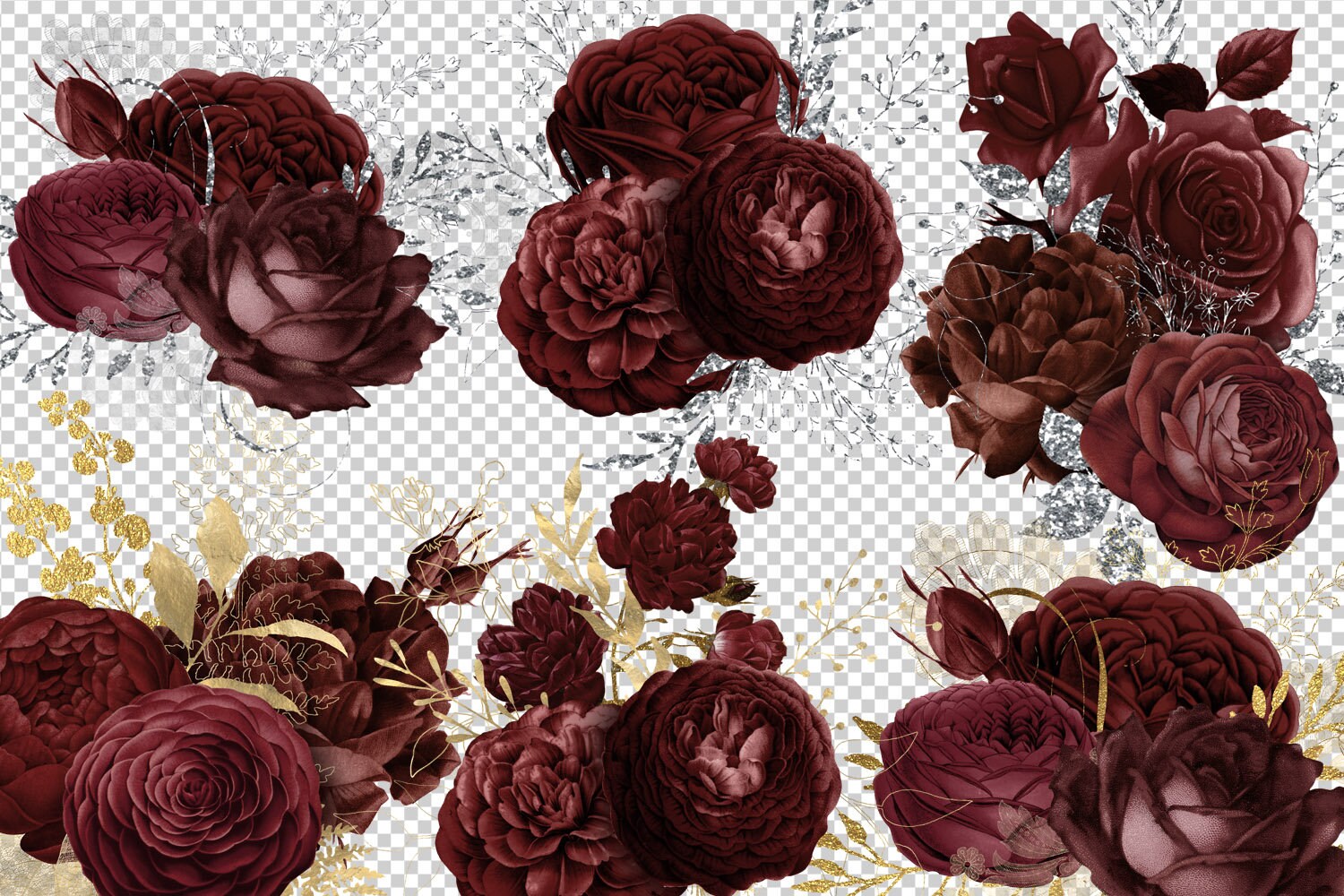 Maroon Silver and Gold Floral Clipart Rustic Wedding Bouquets - Etsy