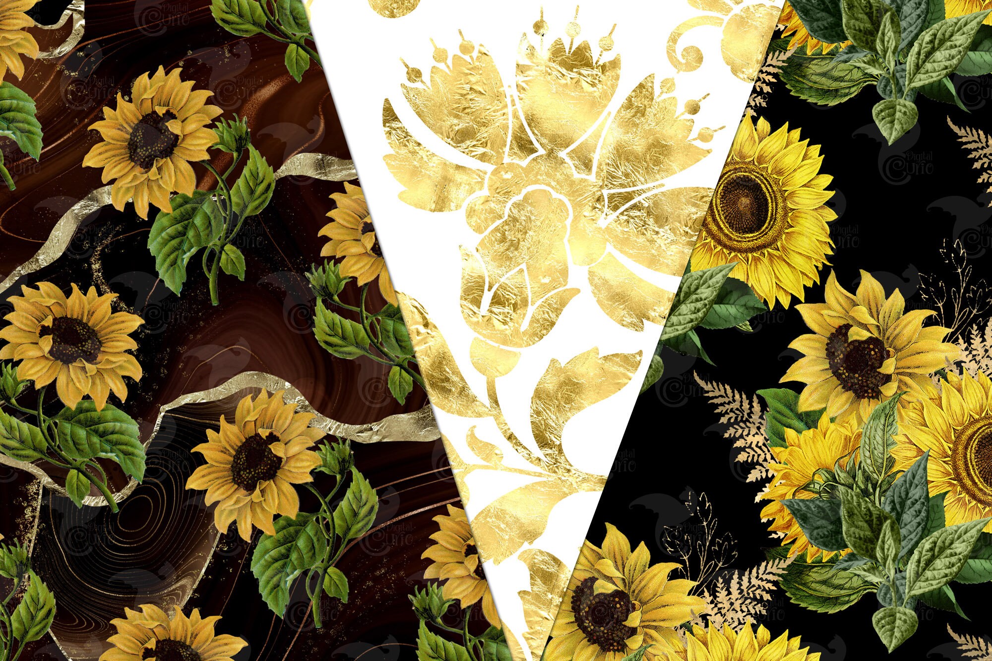 Golden Sunflower Digital Paper, Seamless Sunflower Patterns for Instant ...
