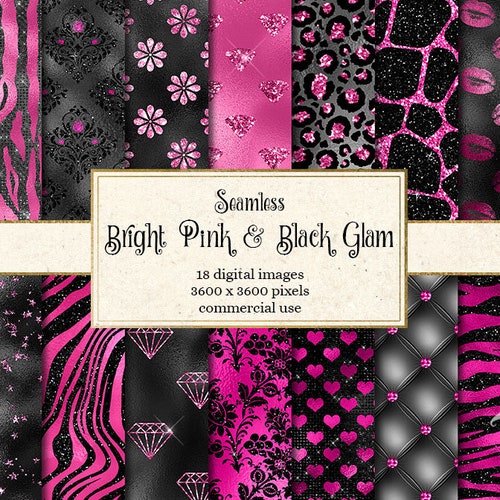 Bright Pink and Black Glam Digital Paper Seamless Black and - Etsy