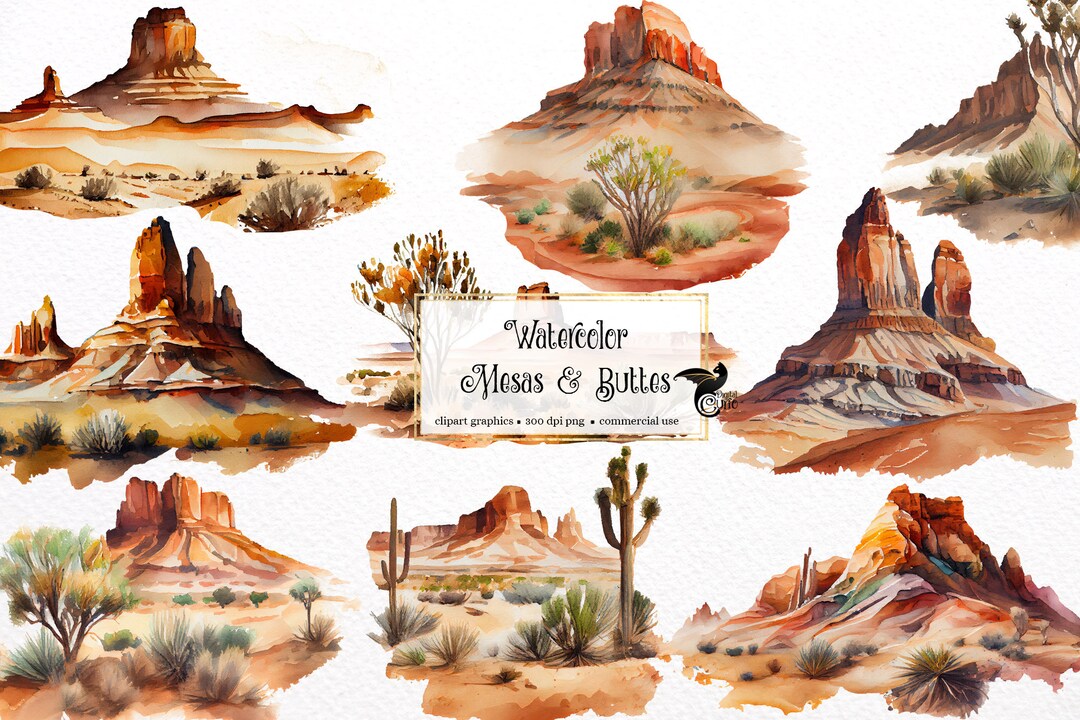 Watercolor Mesas and Buttes Clipart - Western Desert Landscape PNG ...
