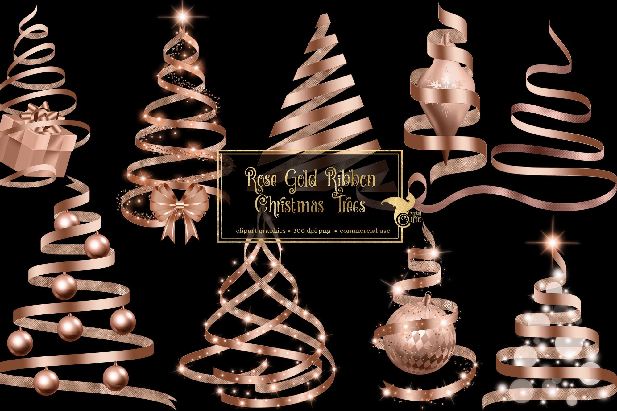 Rose Gold Ribbon Christmas Tree Clip Art Digital Holiday - Etsy