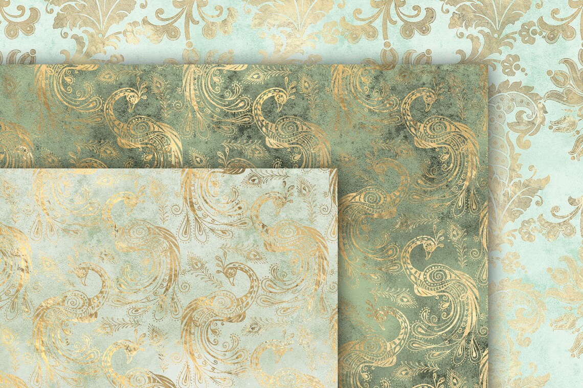 Sage and Gold Peacock Digital Paper Seamless Gold Foil | Etsy