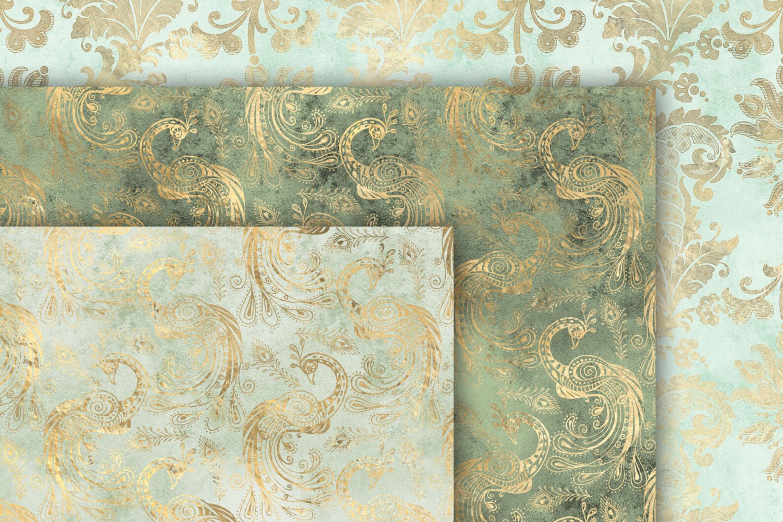 Sage and Gold Peacock Digital Paper Seamless Gold Foil - Etsy