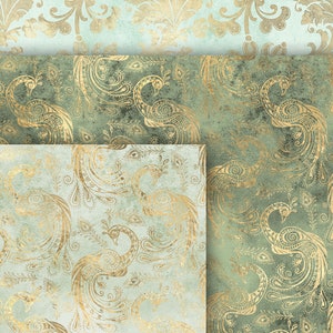 Sage and Gold Peacock Digital Paper, Seamless Foil Patterns (digital ...