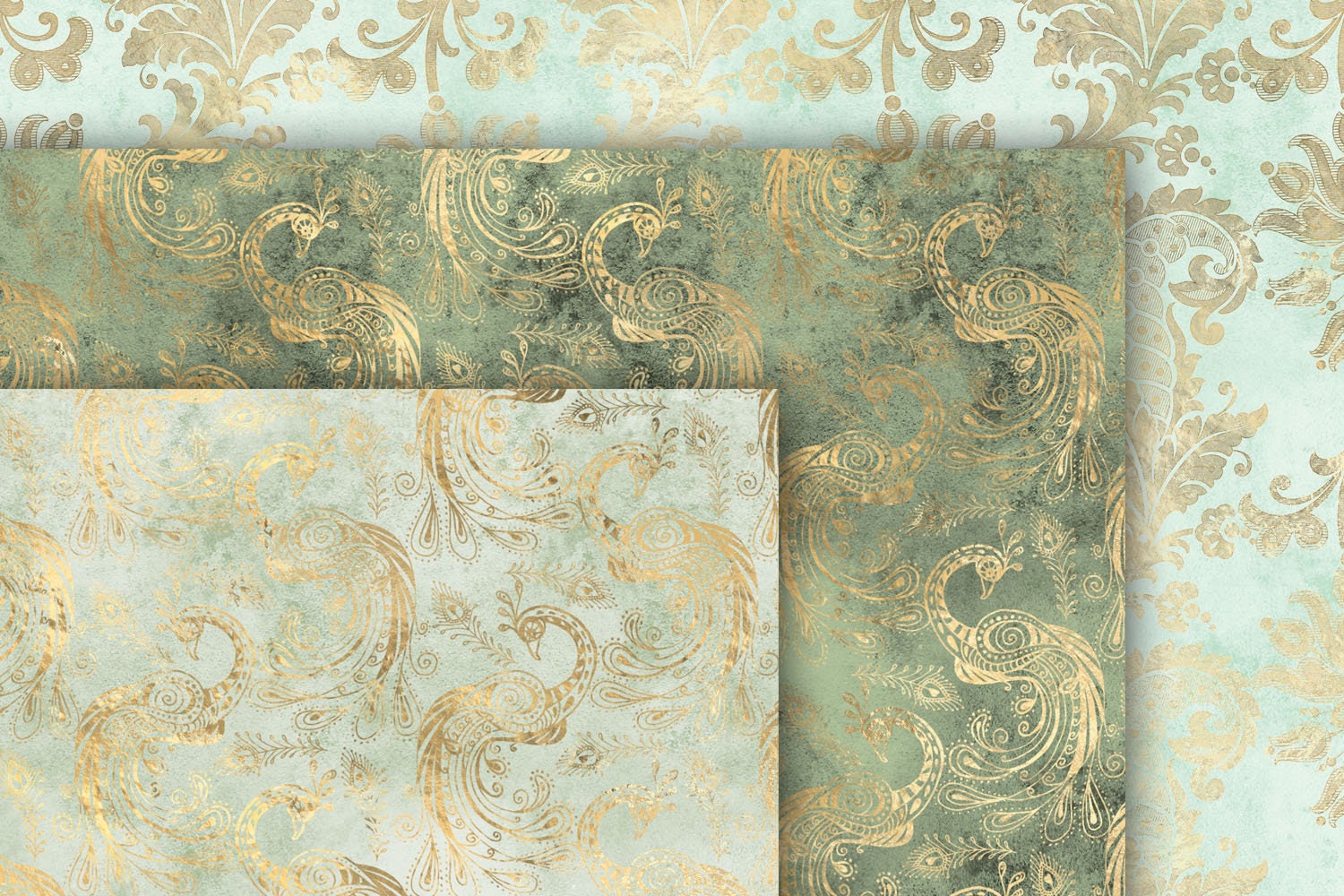 Sage and Gold Peacock Digital Paper Seamless Gold Foil - Etsy