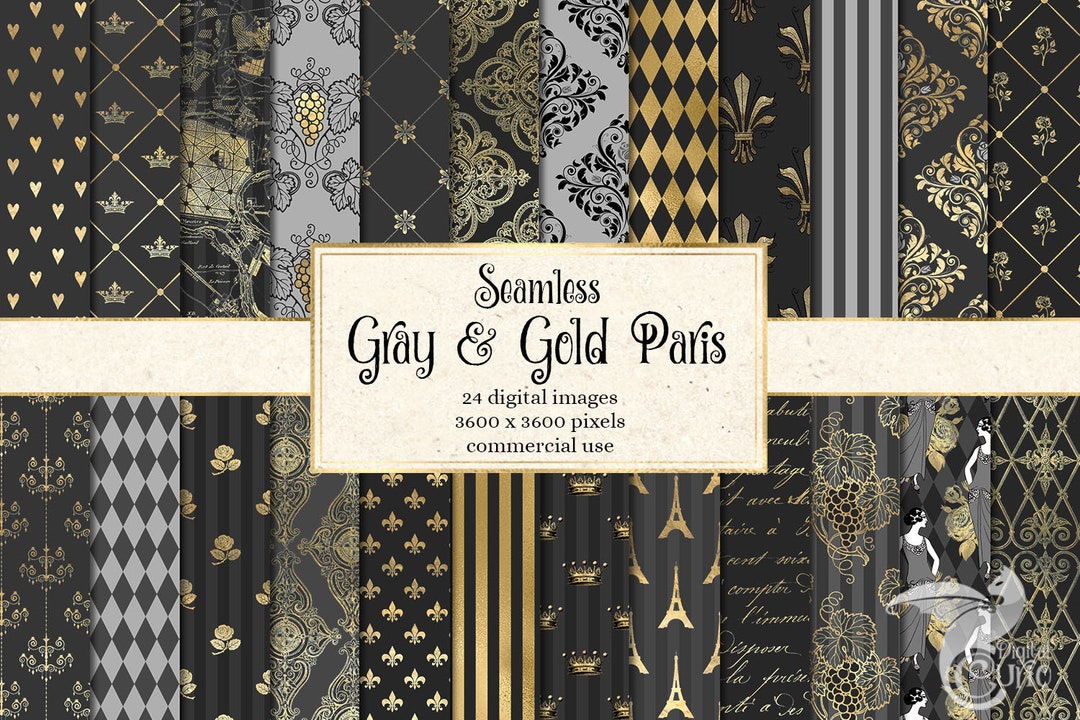 Gray and Gold Paris Digital Paper, Seamless French Pattern, With Eiffel ...