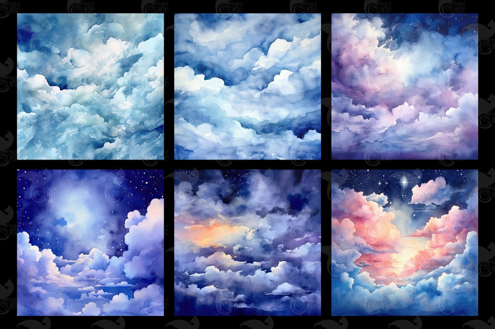 Watercolor Cloudy Skies Digital Paper: Scrapbook Textures (digital ...