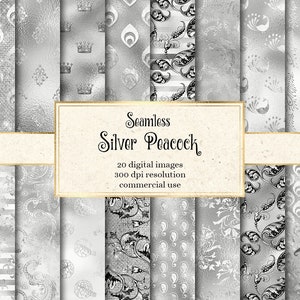 Silver Peacock Digital Paper, Seamless Peacock Patterns, Silver Foil ...