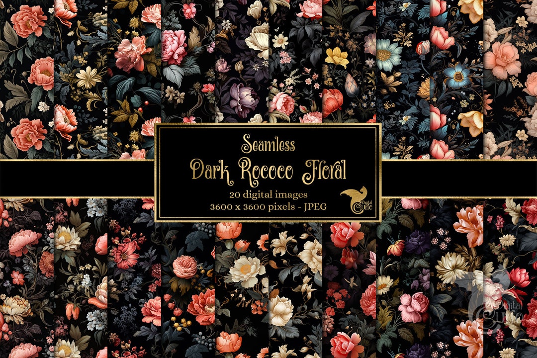 Dark Rococo Floral Digital Paper, Seamless Backgrounds Pattern Gothic ...