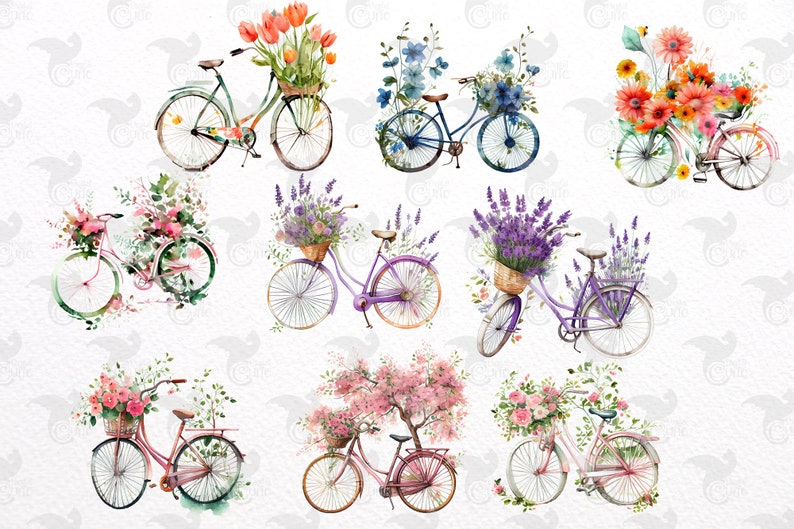 Watercolor Floral Bicycle Clipart - Spring Flowers Watercolor PNG ...
