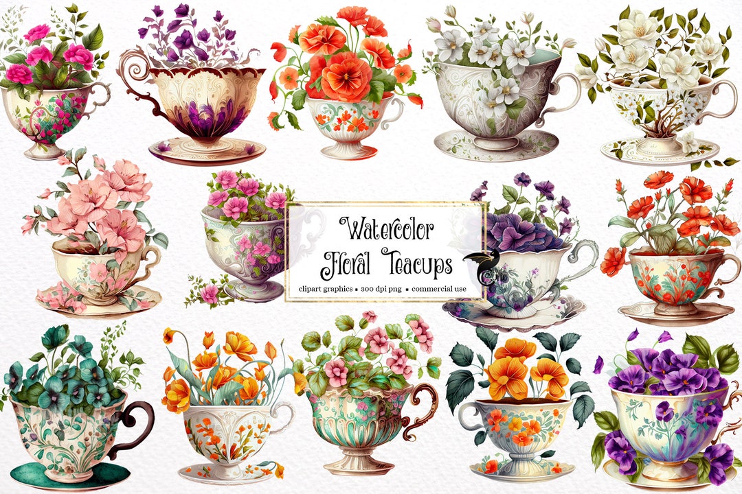 Watercolor Floral Teacups Clipart - Flower Tea Cup PNG Format Instant ...